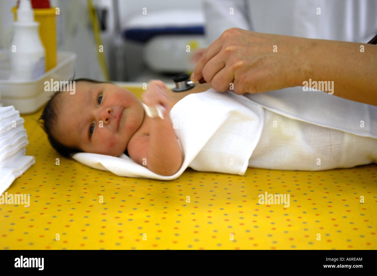 newborn baby first medical examination dark hair caucasian four days ...