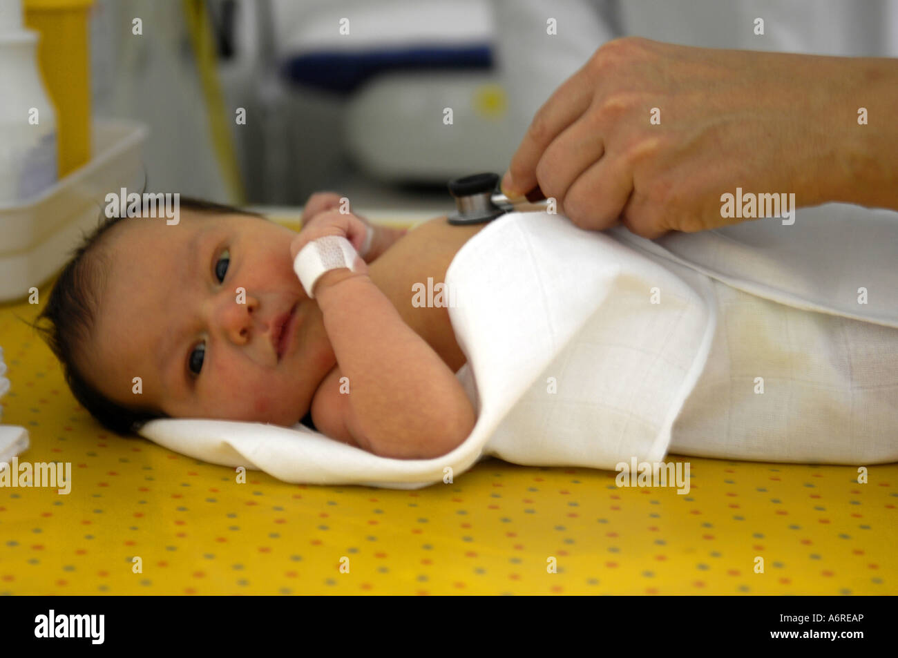 newborn baby first medical examination dark hair caucasian four days ...