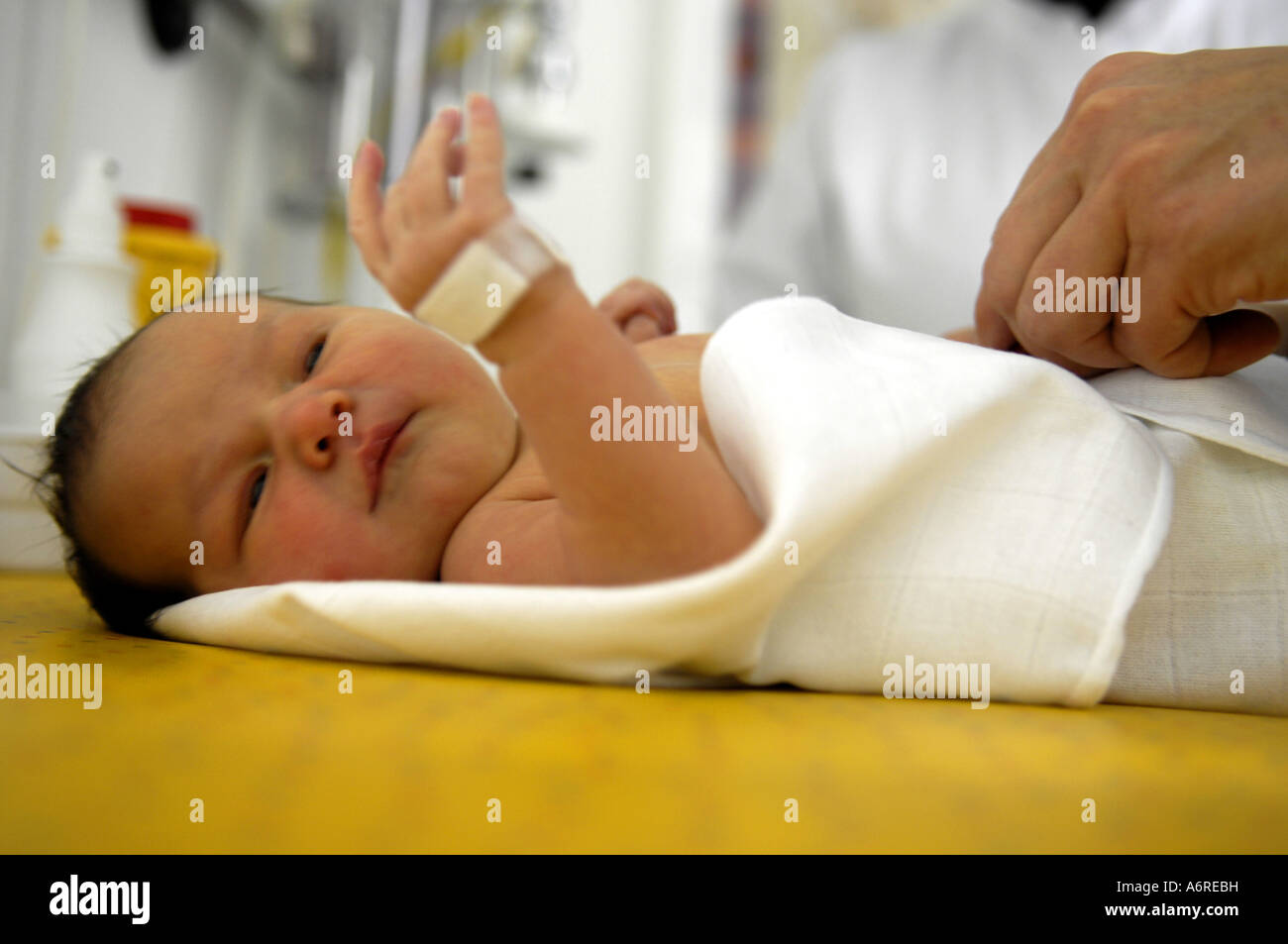 newborn baby first medical examination dark hair caucasian four days ...