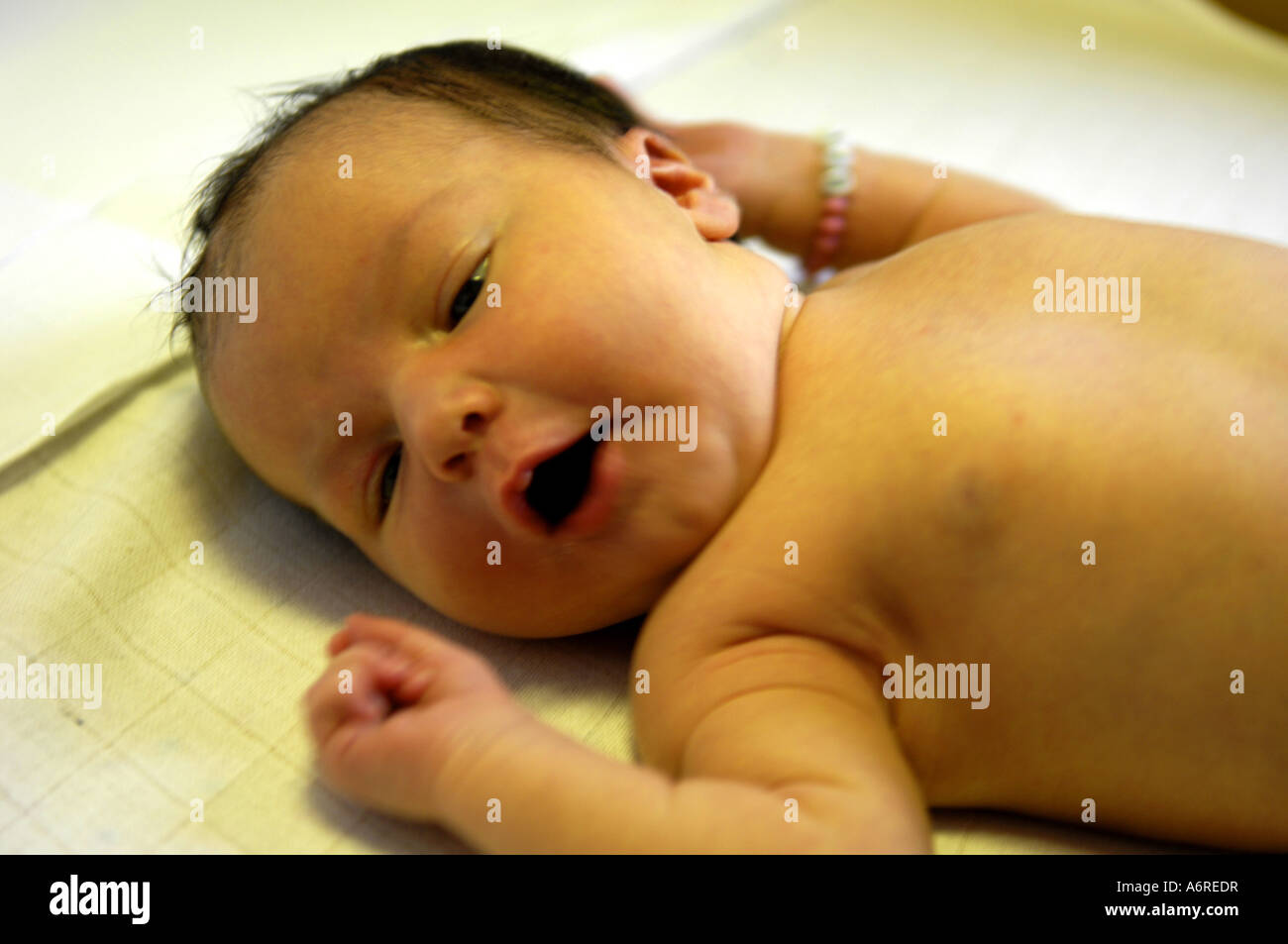 newborn baby name tag wristband identity dark hair caucasian four days ...