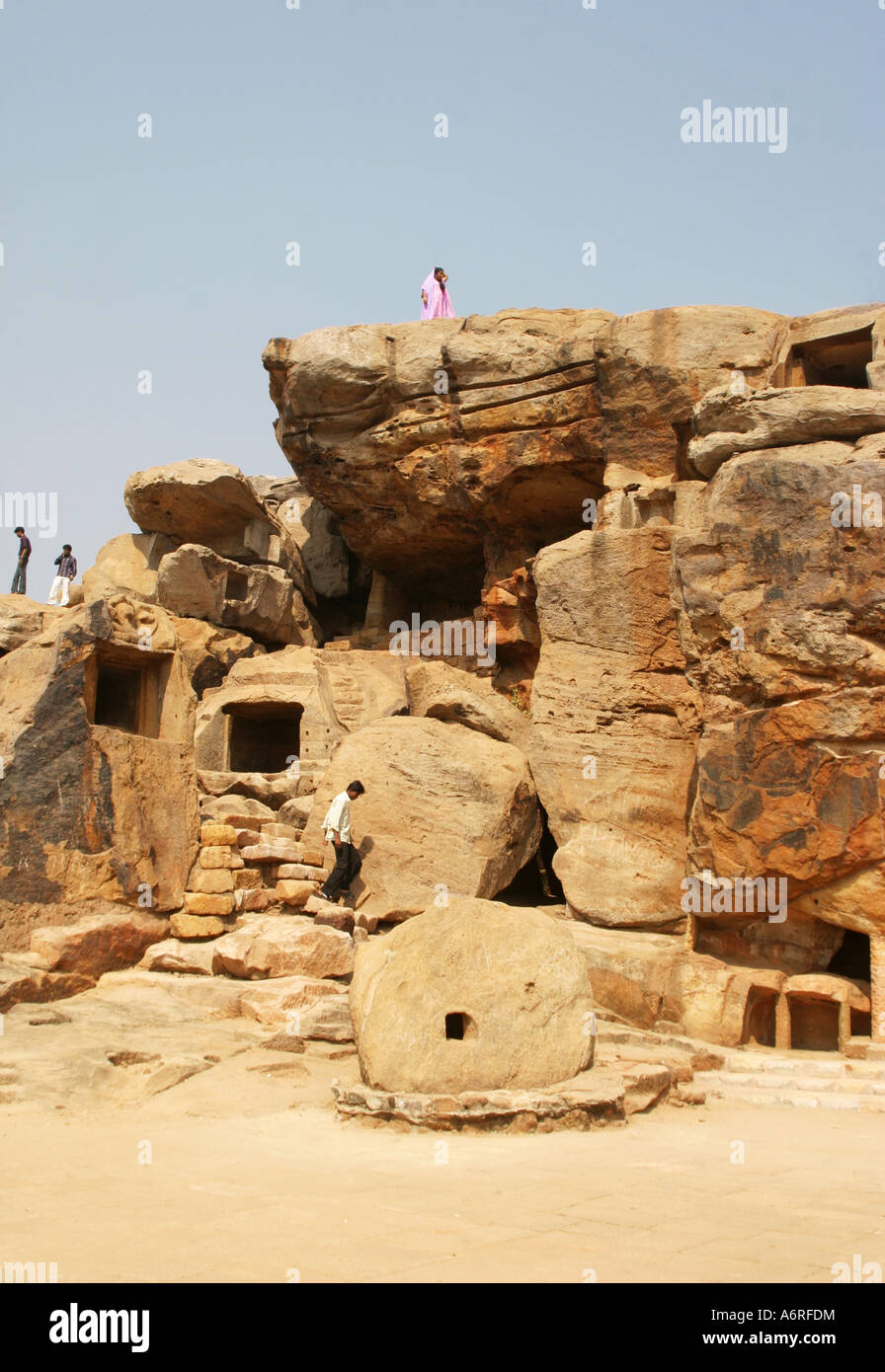 sightseers at the famous and popular Udaigiri Caves near Bhubaneshwar ...