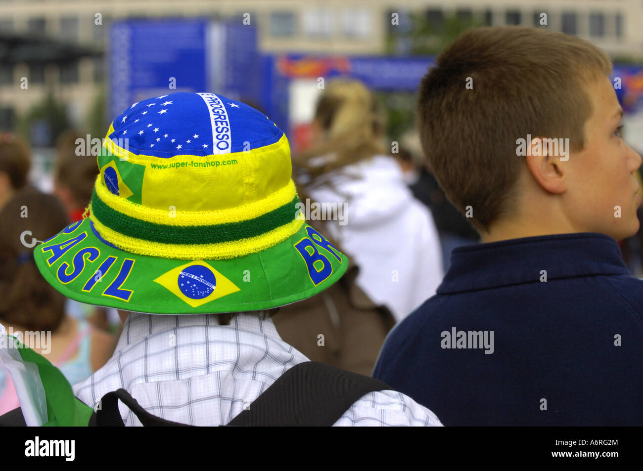 brazil hat fans two kids children youth youngsters teens teenagers fan ...