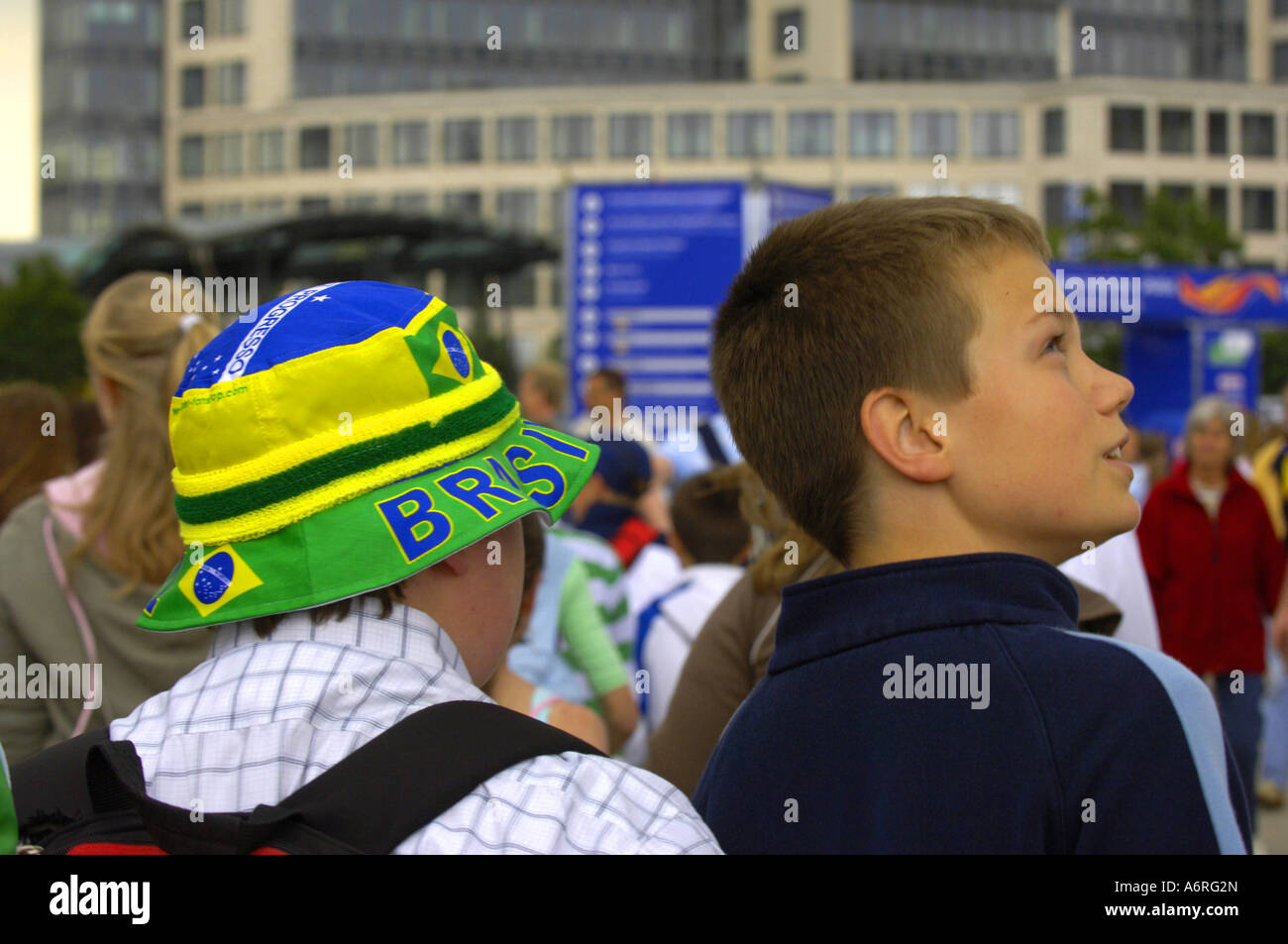 brazil hat fans two kids children youth youngsters teens teenagers fan ...