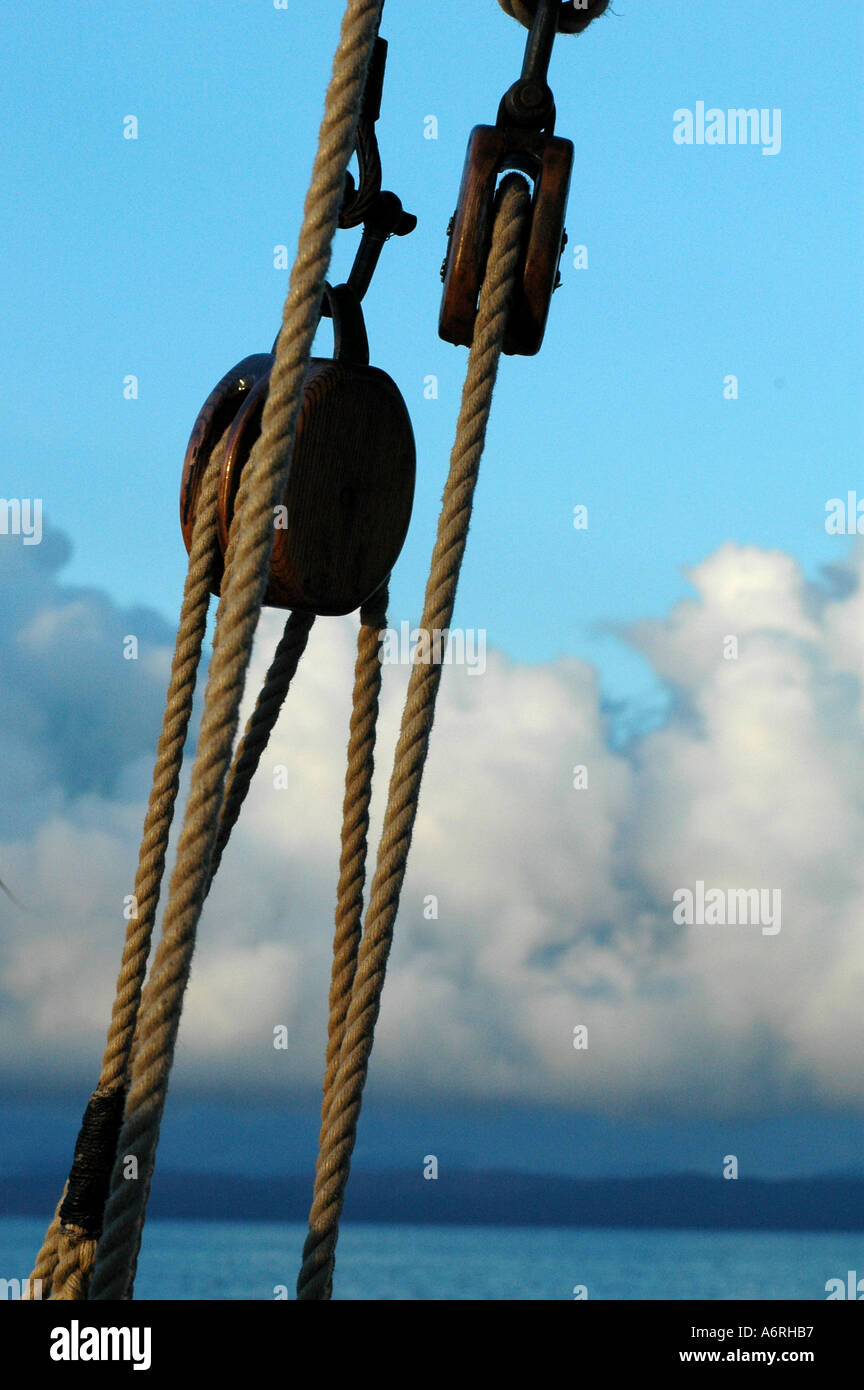 Close up of a block and tackle on a tradional wooden sailing boat Stock ...