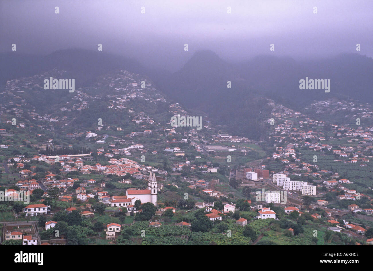 Funchal Madeira Portuguese island town view in heavy winter rain with ...
