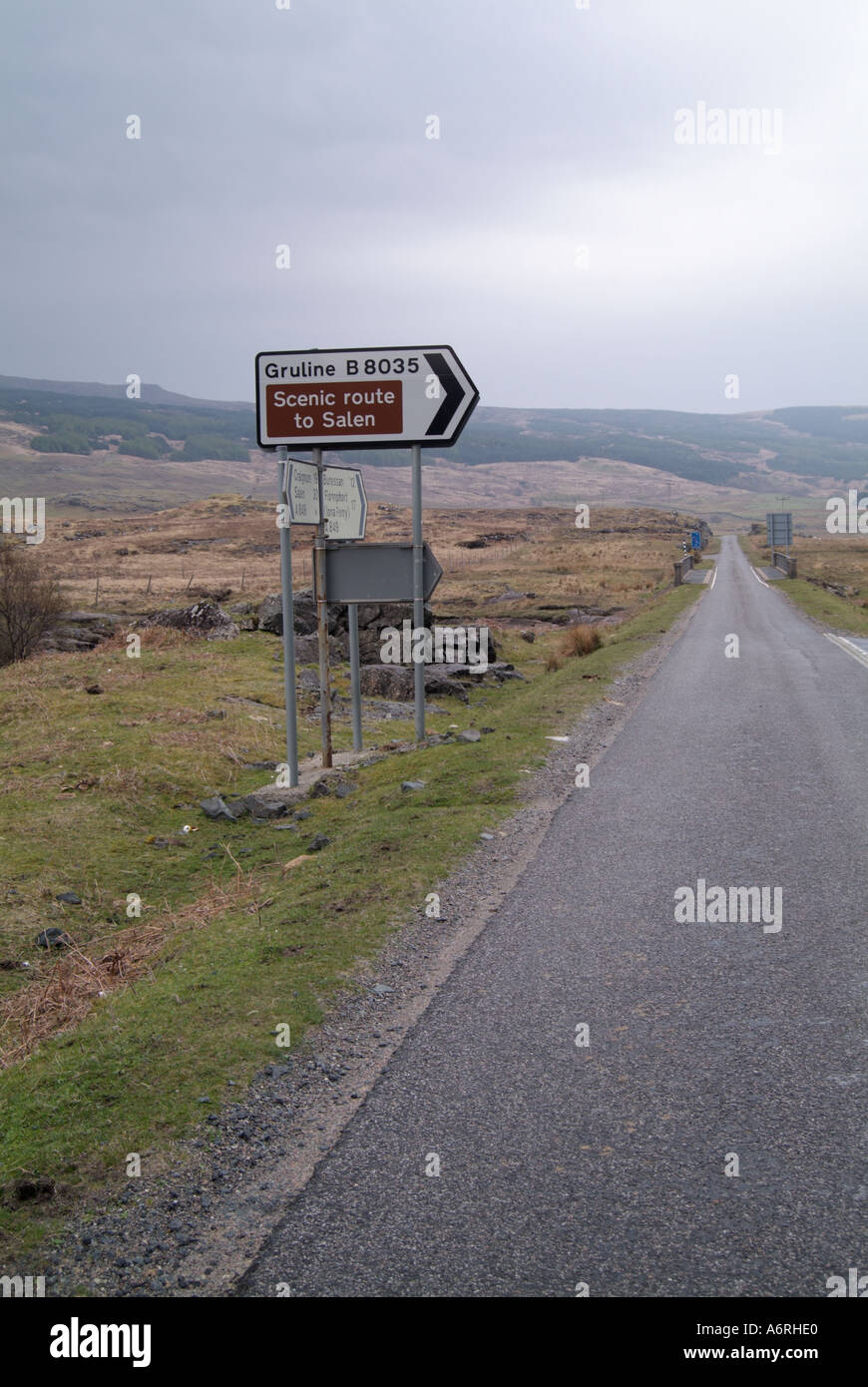scenic route to salen gruline B8035 road sign signs Isle of Mull Inner ...