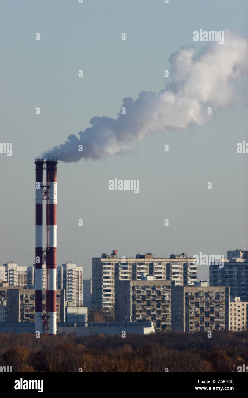 Smoking chimneys of a central heating station in Moscow, Russian ...