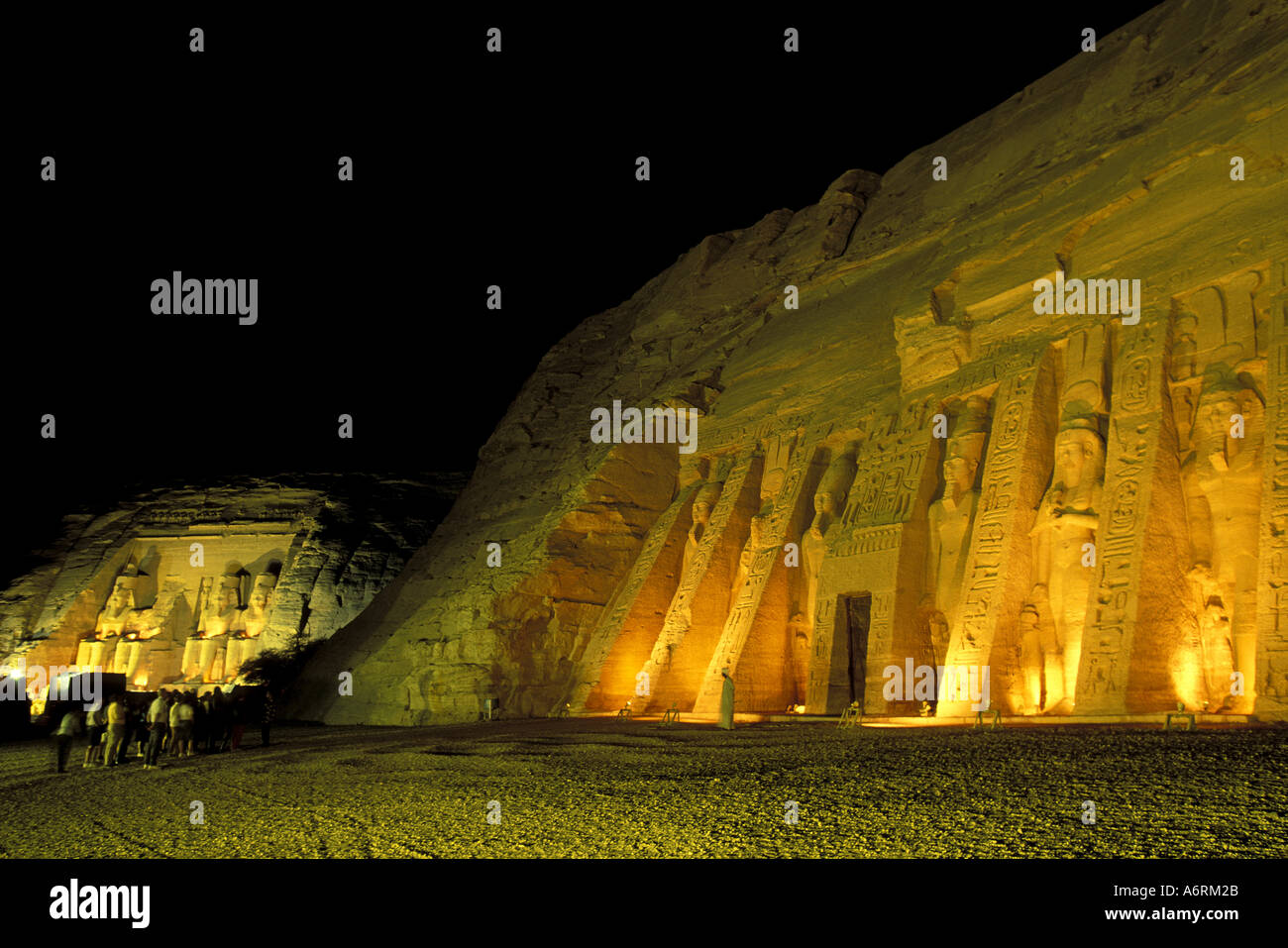 Egypt, Abu Simbel, Lighted facades of Great and Small Temples Stock ...