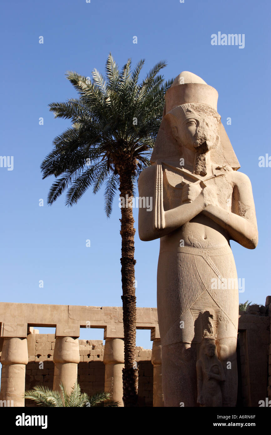 Karnak Temple, giant statue of Pharaohs Ramses II and palm tree; in the ...