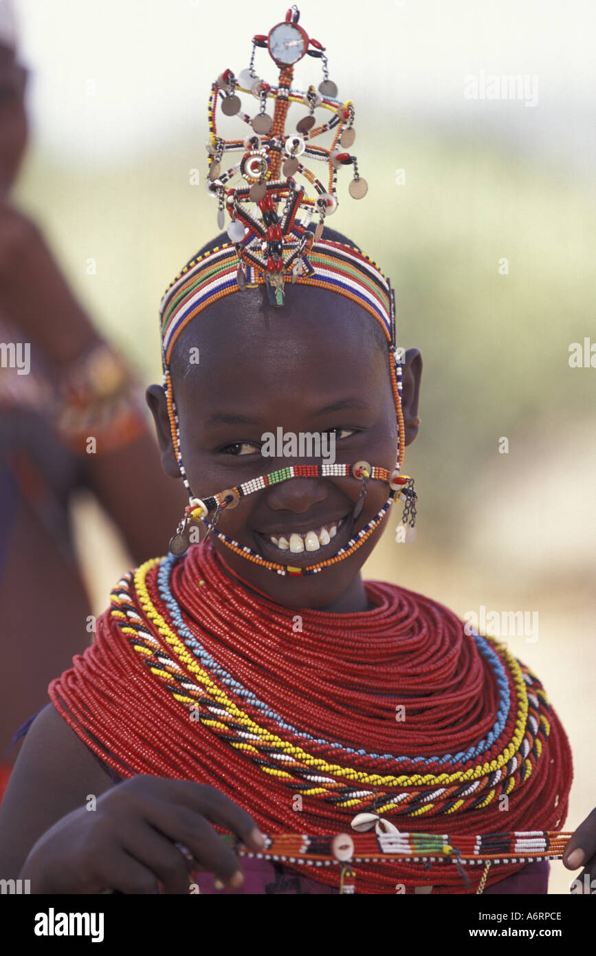 Africa, Kenya, Samburu NR, Young Samburu woman in traditional dress ...