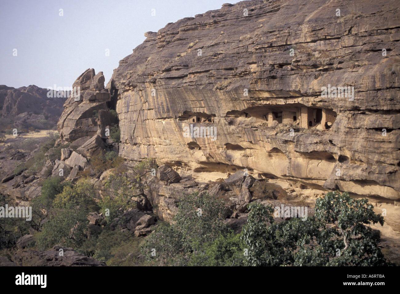 Africa, Mali, Dogon Region. Ancient Tehillem ruins in cliffs above ...