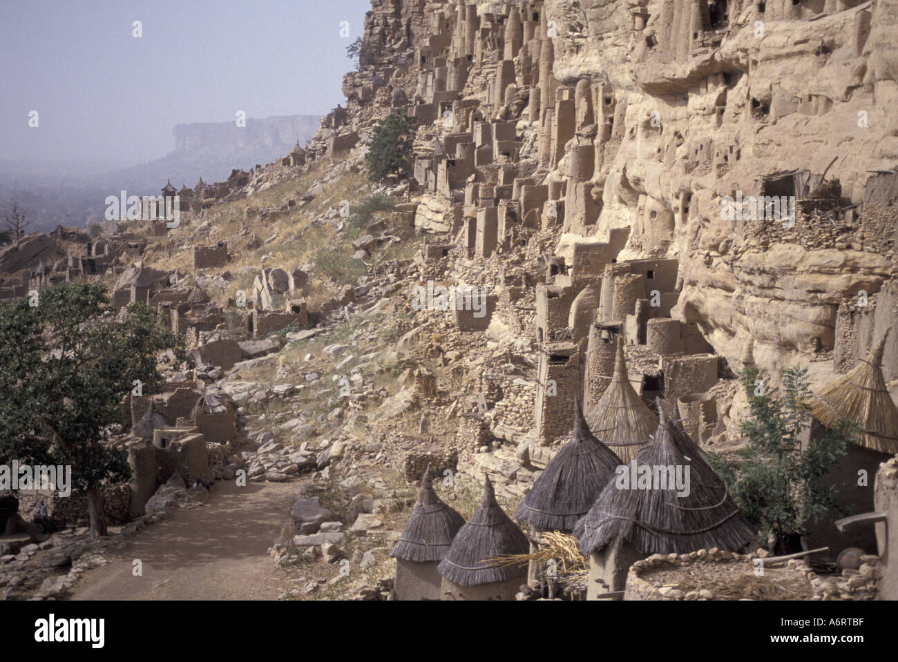 Africa, Mali, Dogon Region. Ancient Tehillem ruins in cliffs above ...
