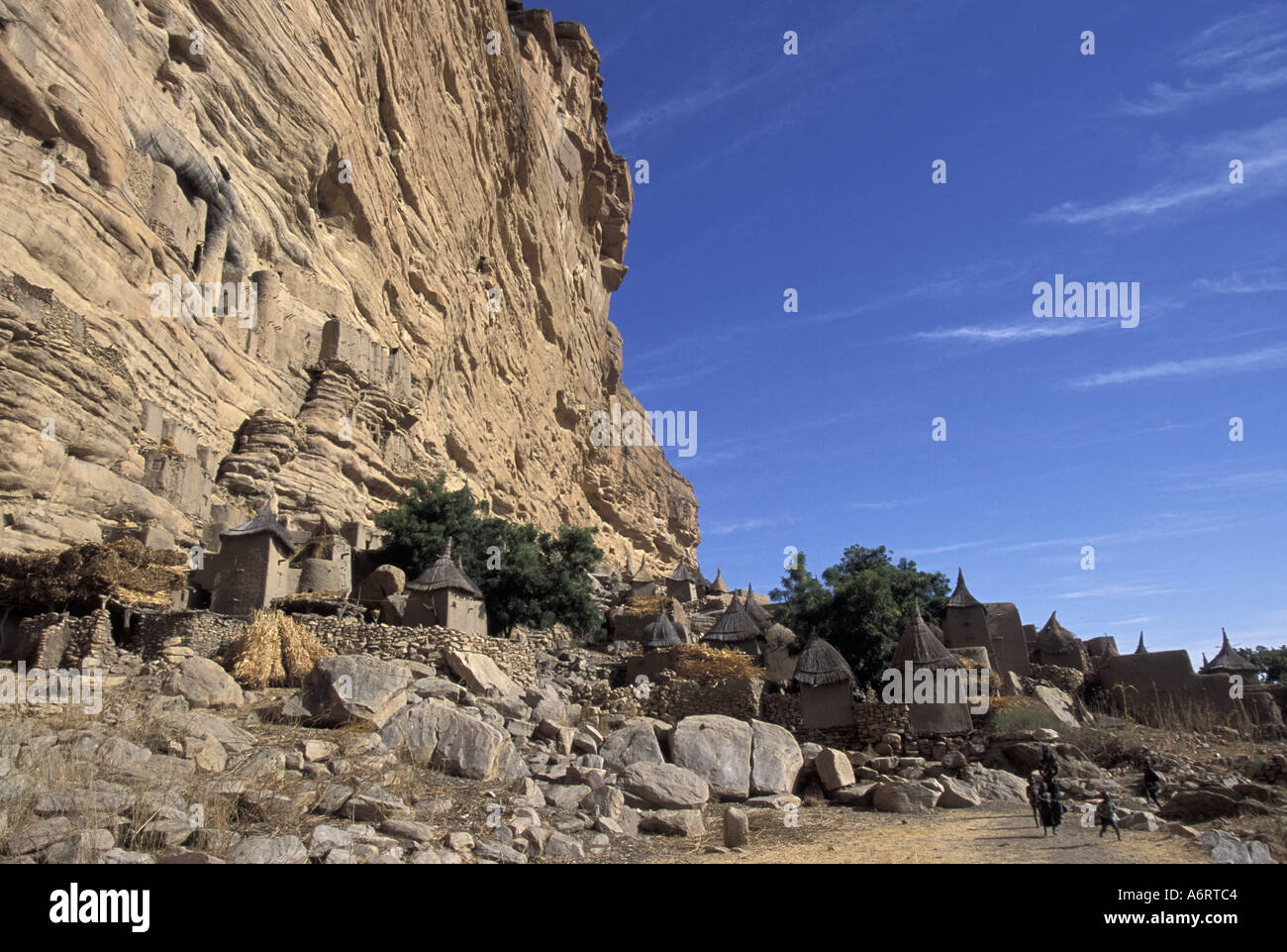 Africa, Mali, Dogon Region. Ancient Tehillem Ruins in cliffs above ...