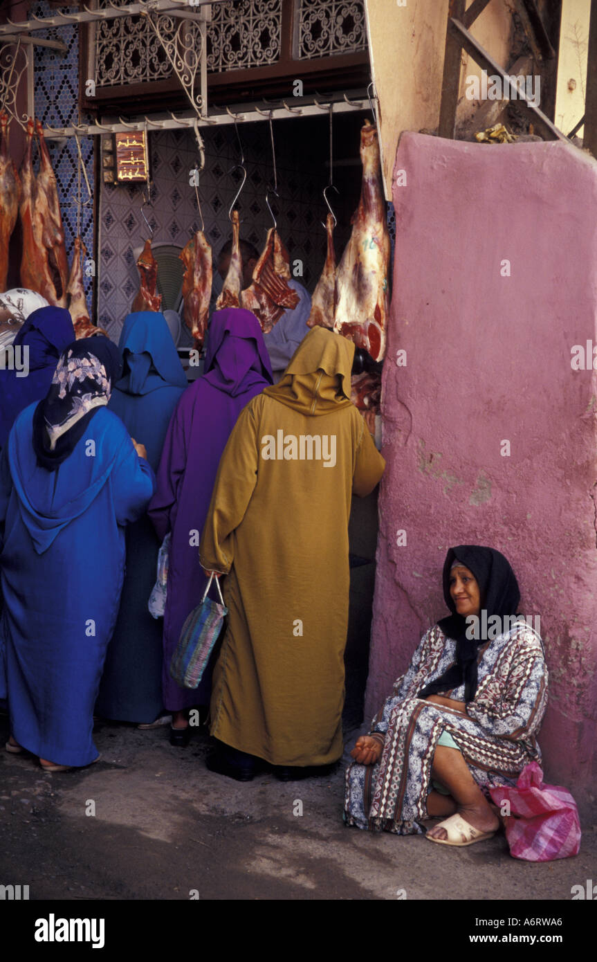 AFRICA, Morocco, Marrakech. Meat market along streets of Marrakech ...