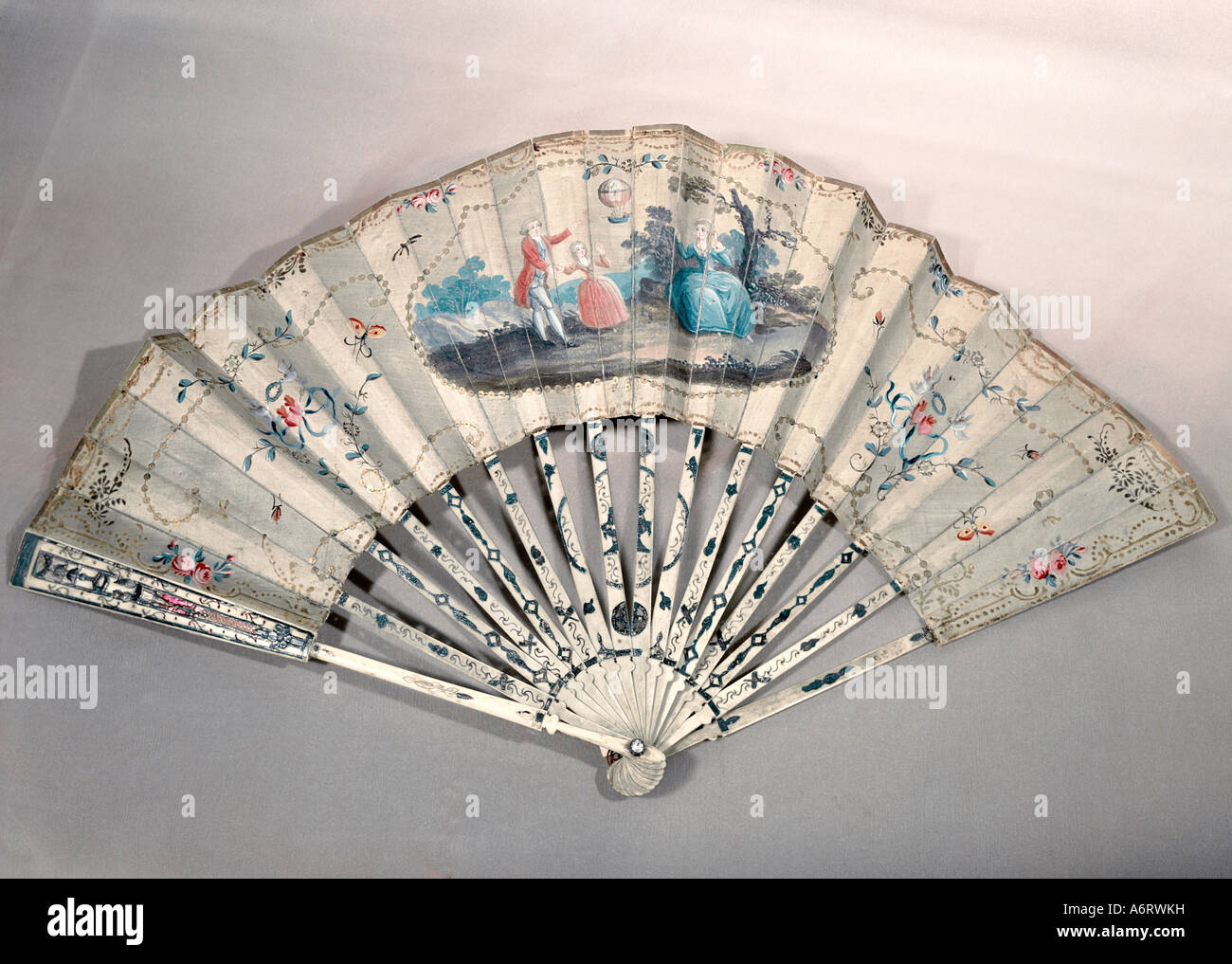 fine arts, fans, cloured fan, circa 1783, scene with flying balloon ...