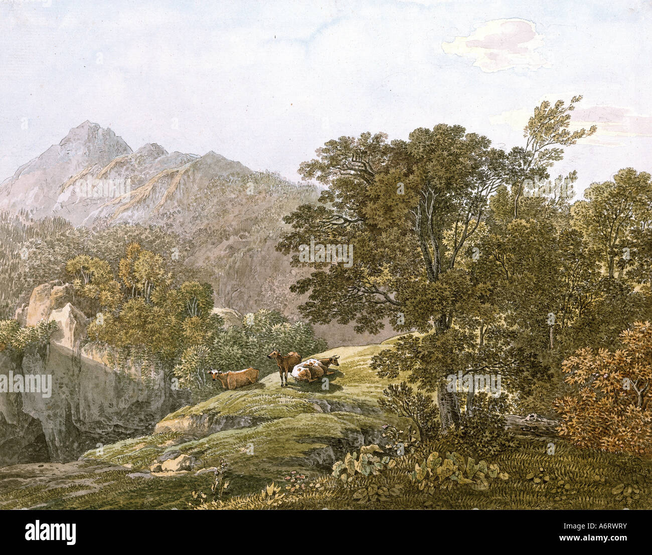 fine arts, Klotz, Simon (1776 - 1824), alpine feedlot, watercolour ...