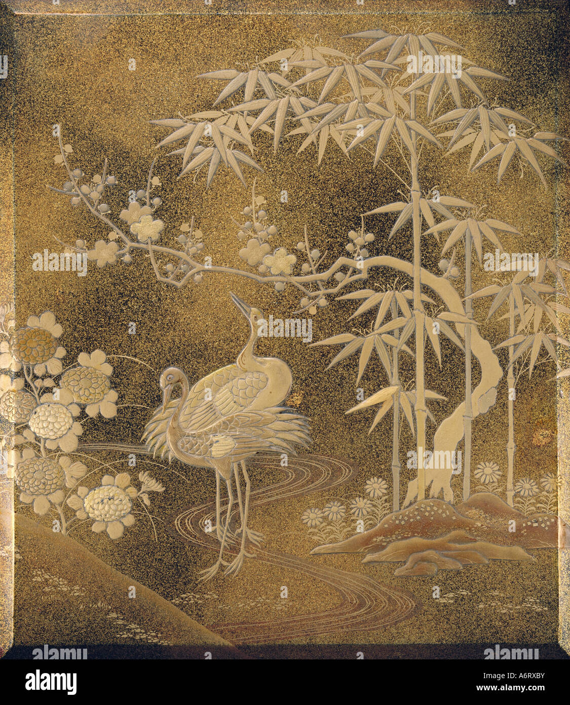 fine arts, Japan, lacquer work, gold lacquer and gold dust, cranes at ...