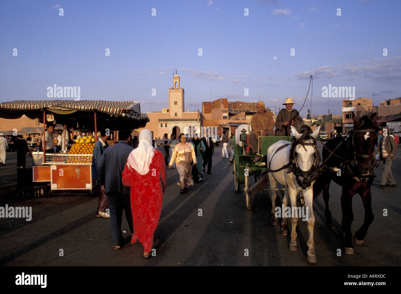 Africa, Morocco, Marrakesh, Muslims in traditional dress near orange ...