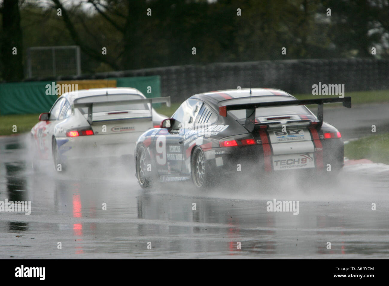Bad driving conditions at Croft racing circuit Stock Photo - Alamy