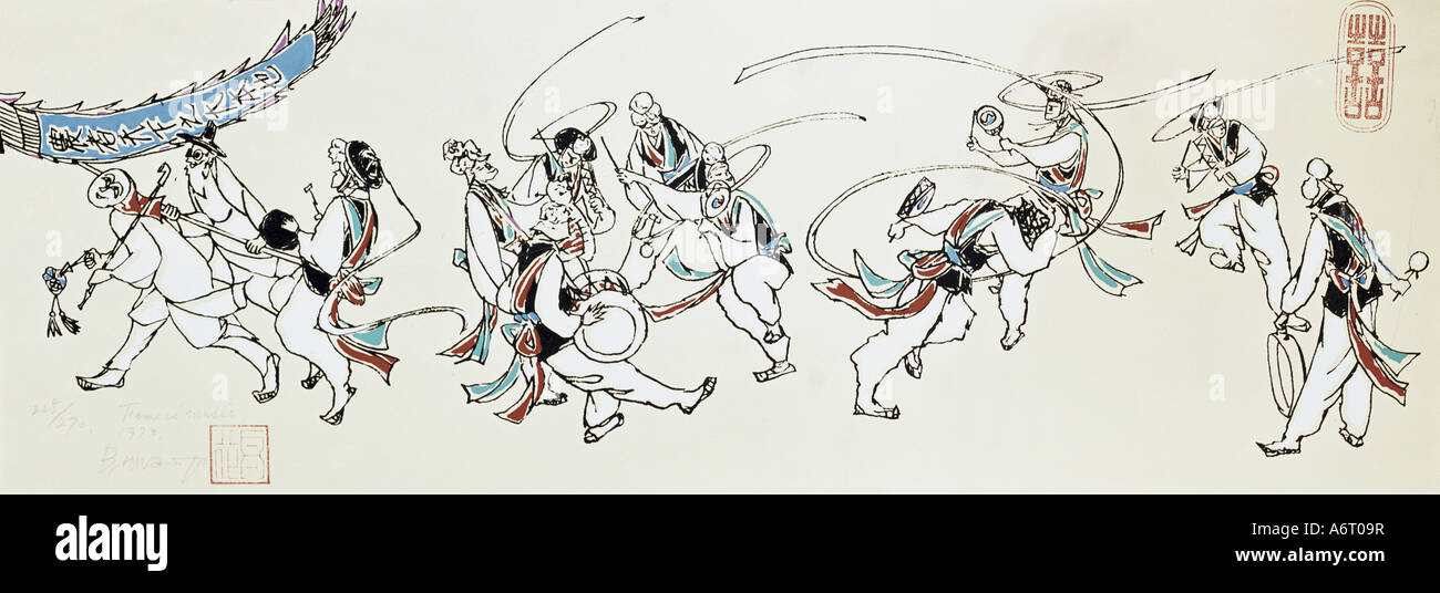 fine arts, Korea, graphic, festive procession at New Year, coloured ...