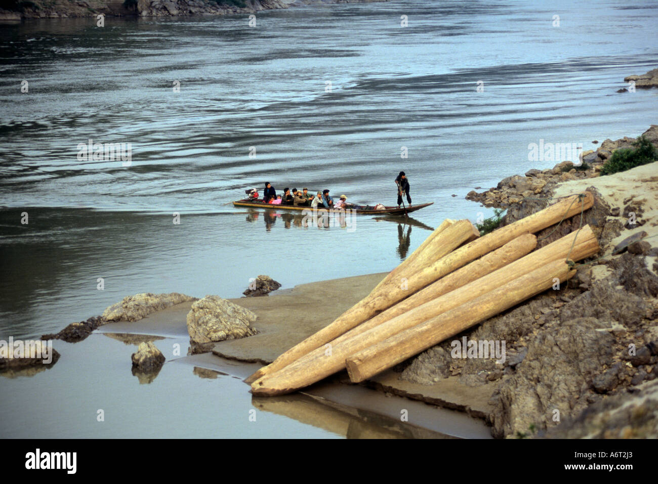 Teak logs (tectonis grandis) stacked beside the Salween River on the ...