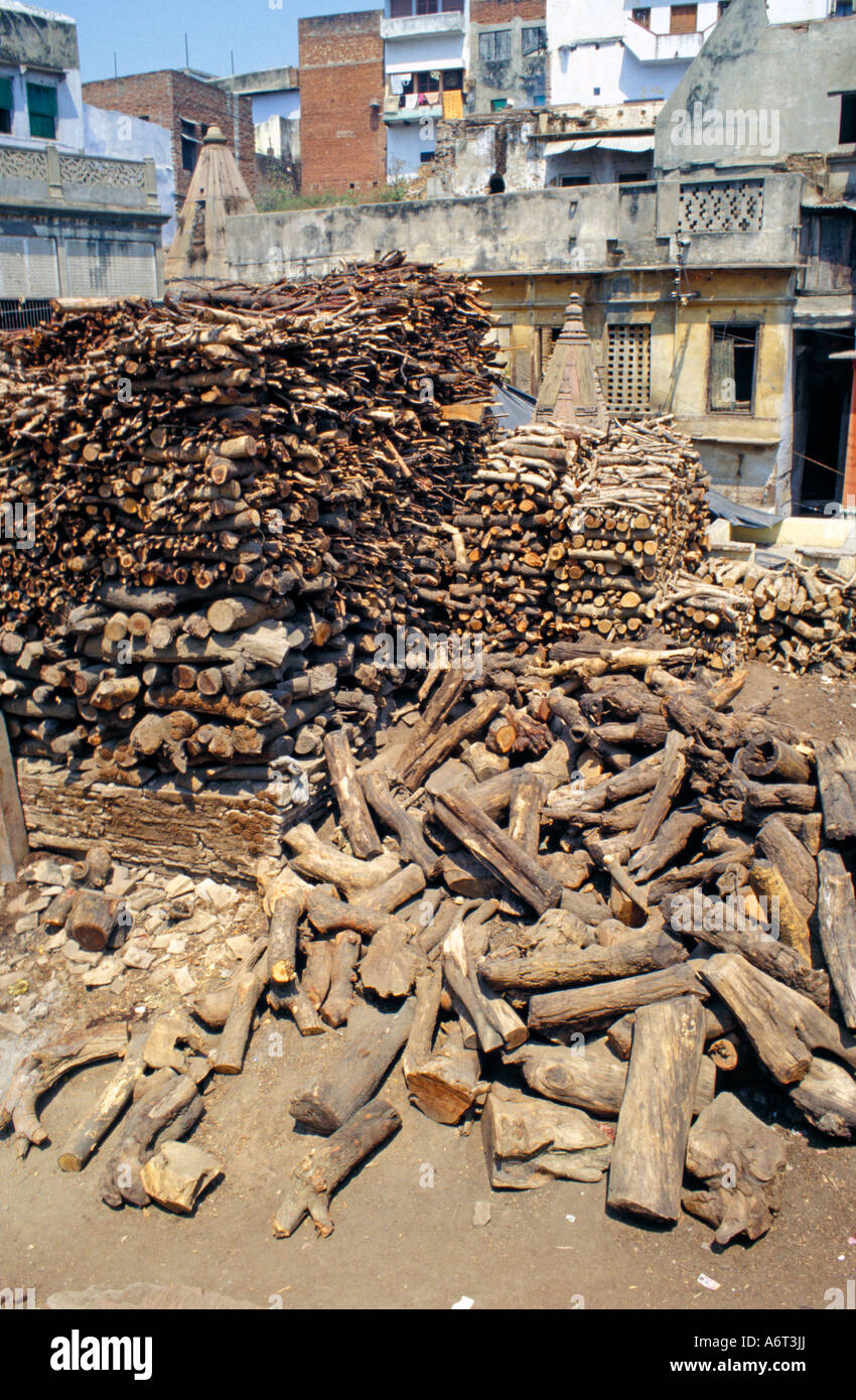 Wood prepared for Funeral Pyres in Varanasi by The Ganges, India Stock ...