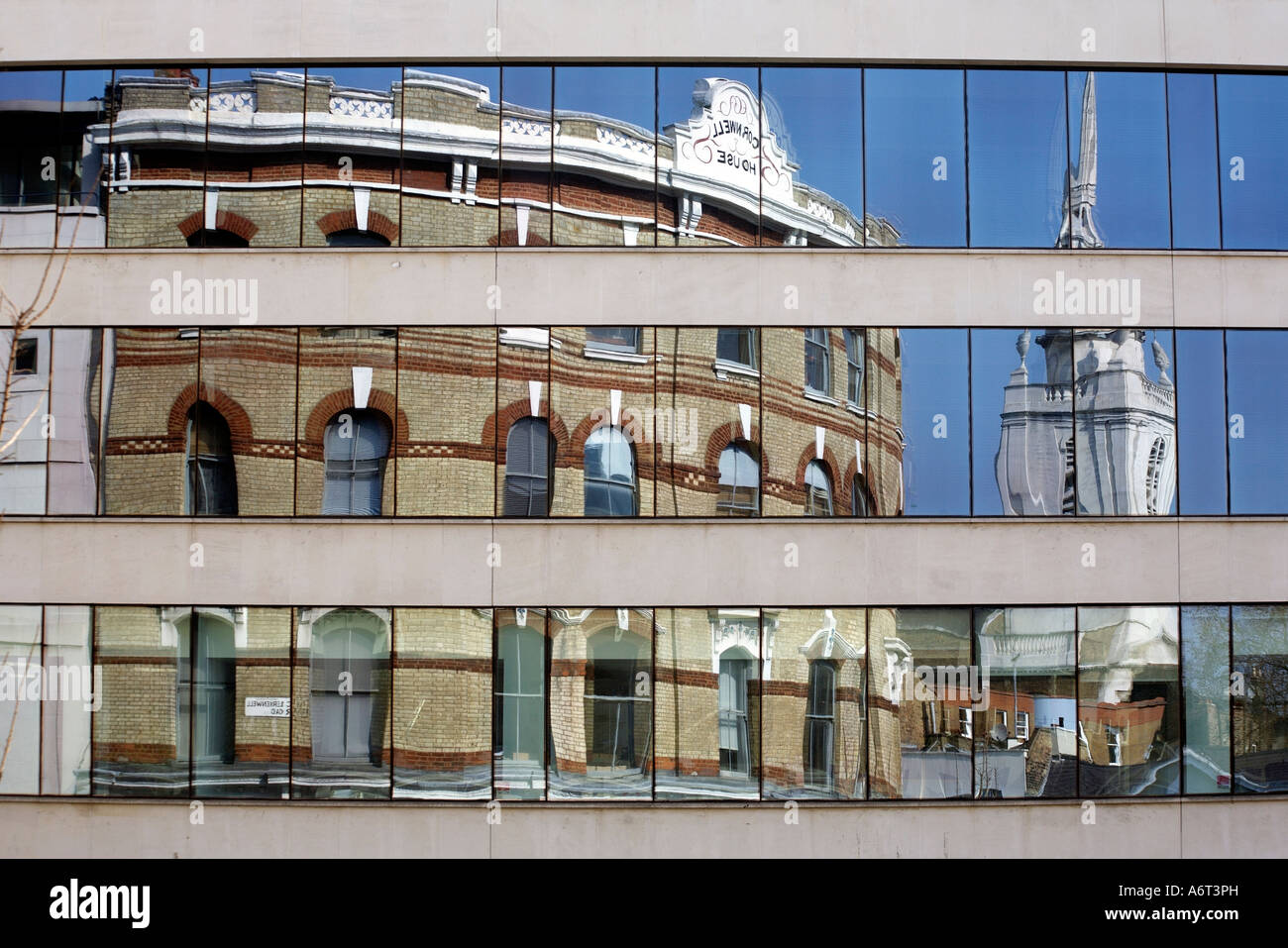 Clerkenwell Green church and buildings reflected in office windows ...