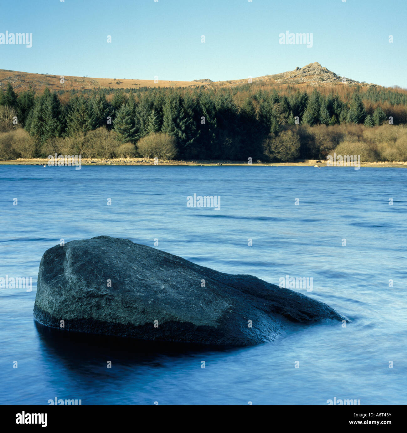 View across Burrator Reservoir towards Leather Tor, Dartmoor, Devon ...