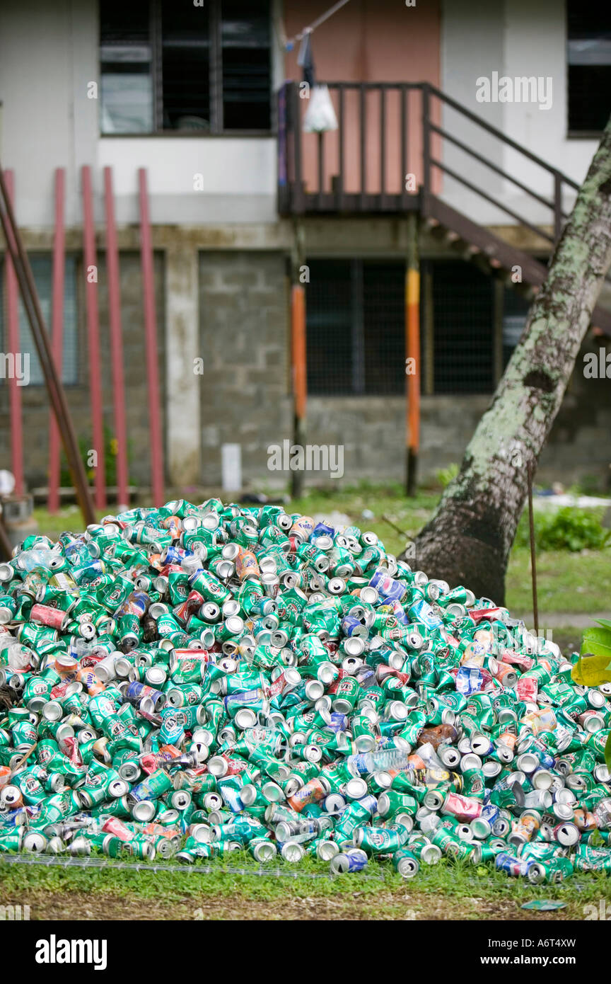 Beer cans piled up in a garden on Funafuti island, Tuvalu Stock Photo ...