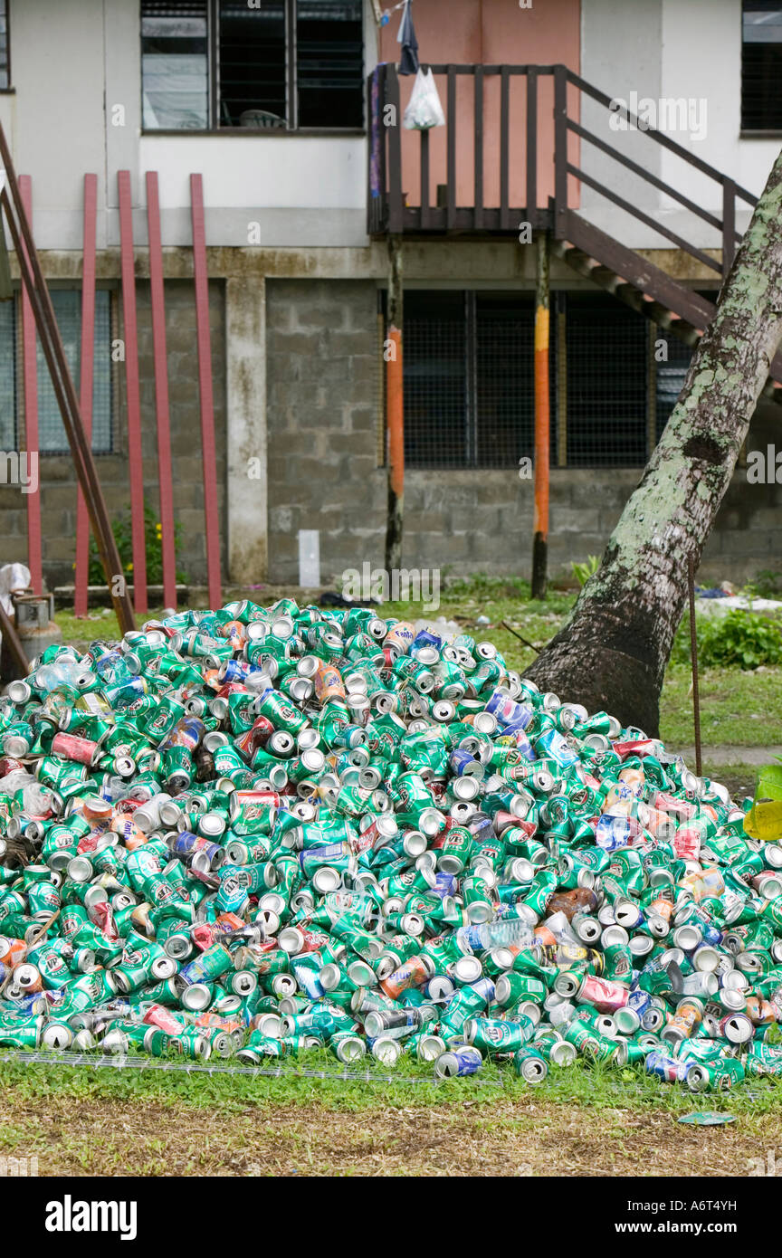 Beer cans piled up in a garden on Funafuti island, Tuvalu Stock Photo ...