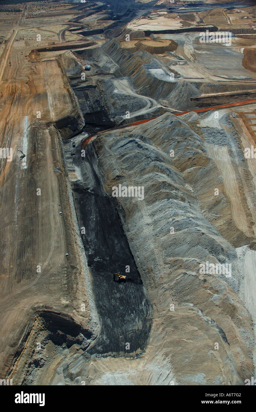 Aerial view open cut coal mine Central Queensland coal basin Australia ...