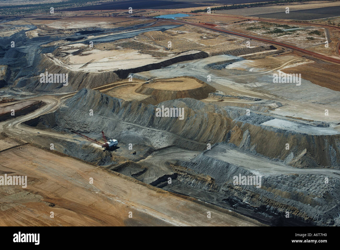 Aerial view open cut coal mine Central Queensland coal basin Australia ...