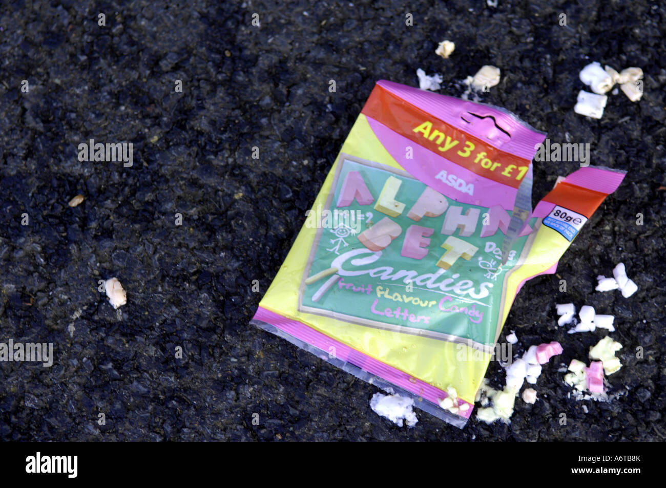 sweets packet torn thrown away discarded litter floor ground ripped ...