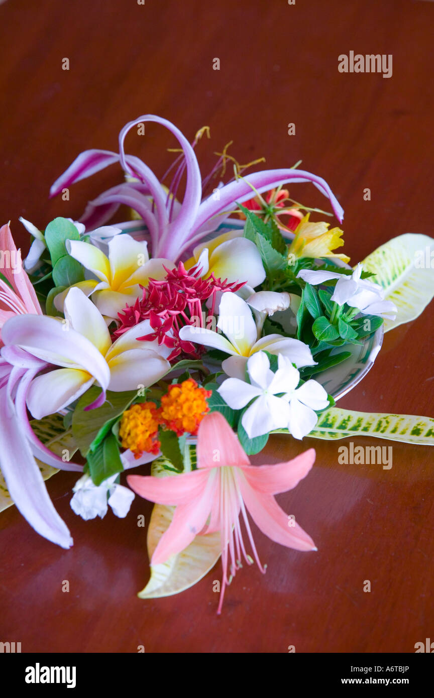 tropical flowers in a display on the hotel reception on Funafuti ...
