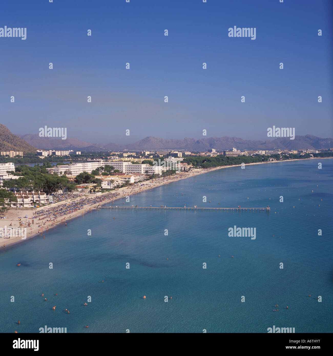 Aerial view of Puerto Alcudia beach looking towards Alcanada in the Bay ...