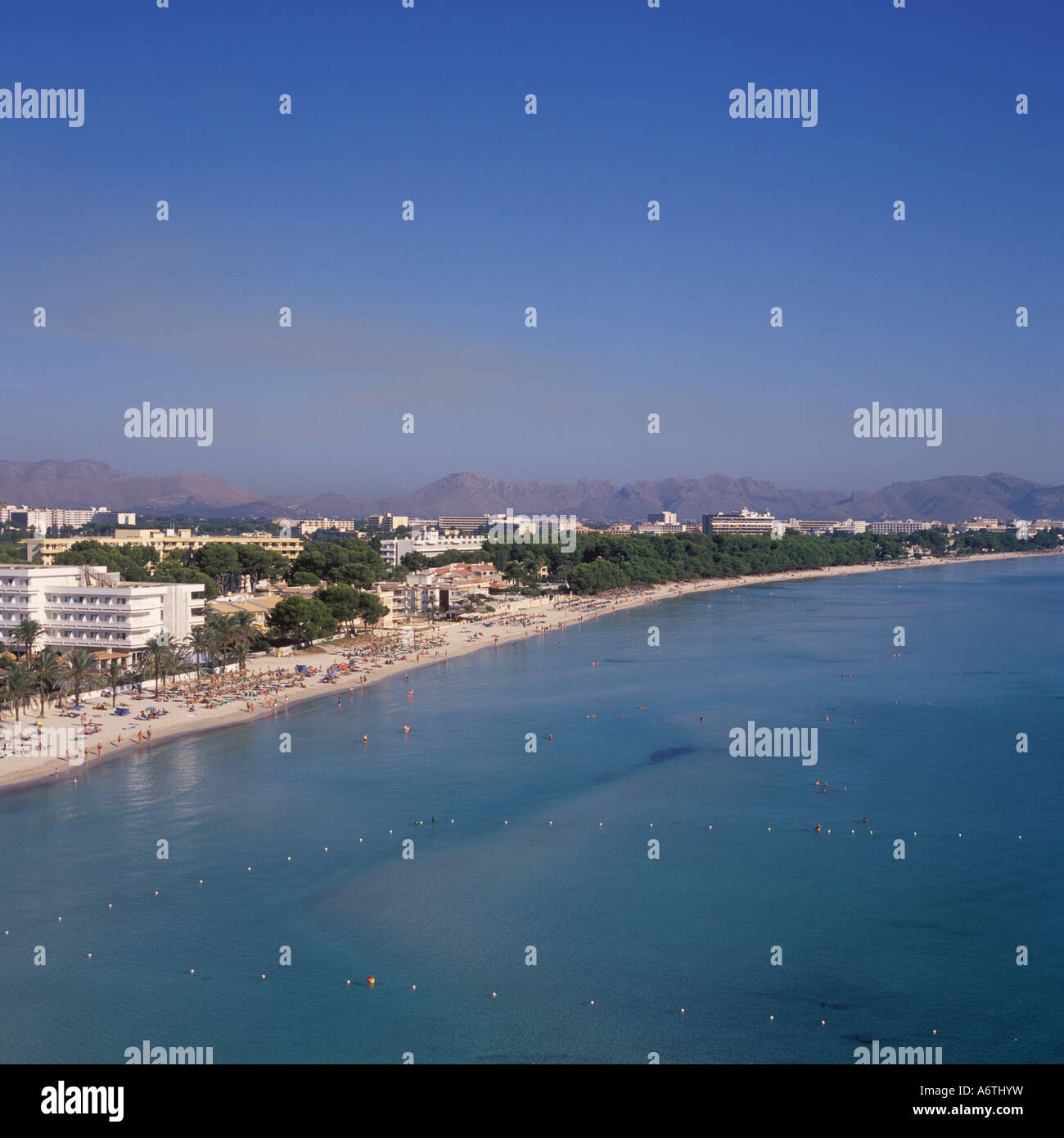 Aerial view of Puerto Alcudia beach looking towards Alcanada in the Bay ...