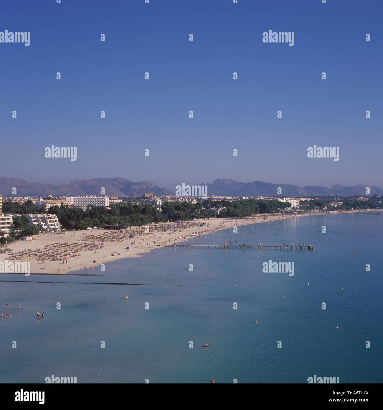 Aerial view of Puerto Alcudia beach looking towards Alcanada in the Bay ...