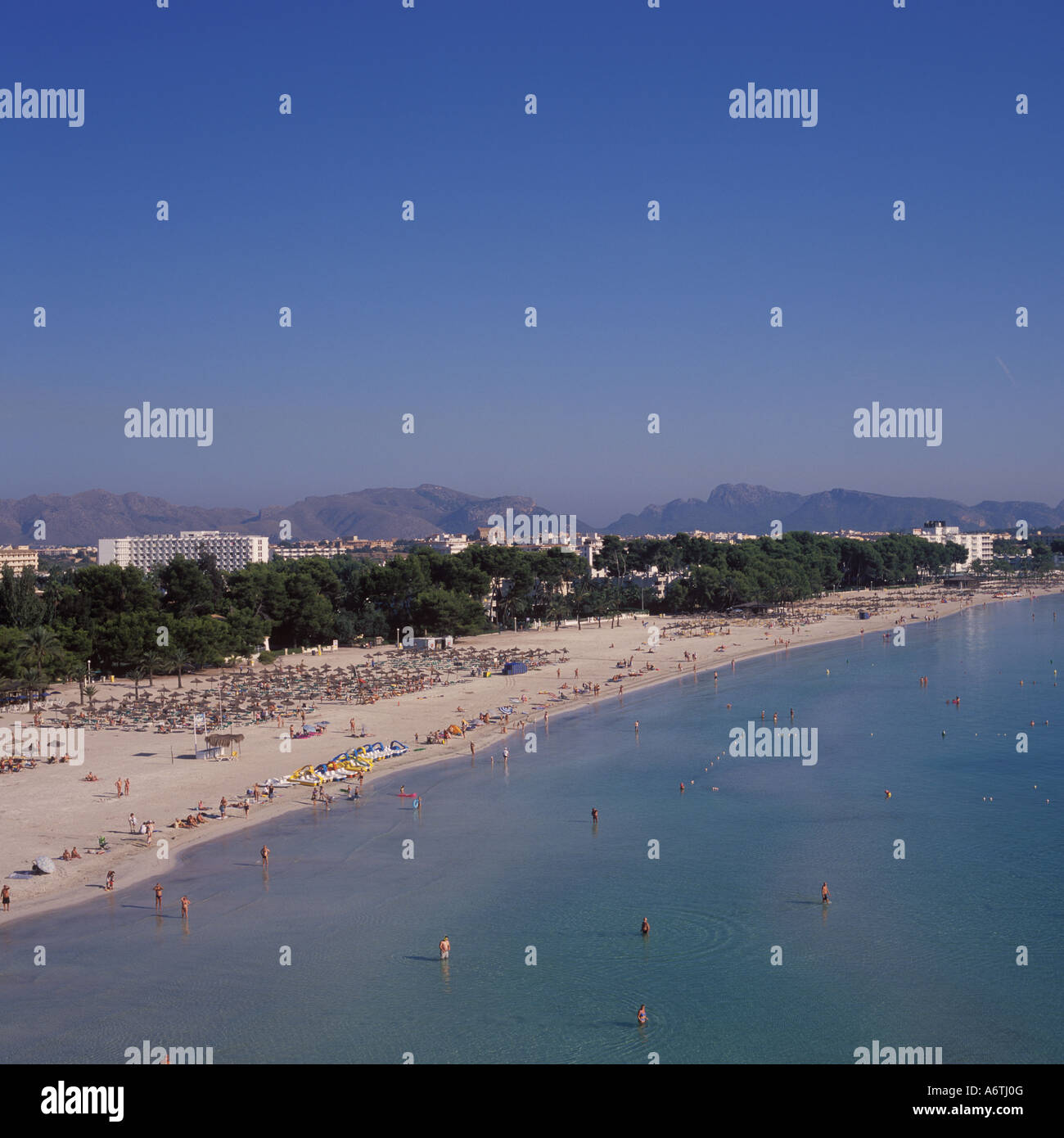 Aerial view of Puerto Alcudia beach looking towards Alcanada in the Bay ...