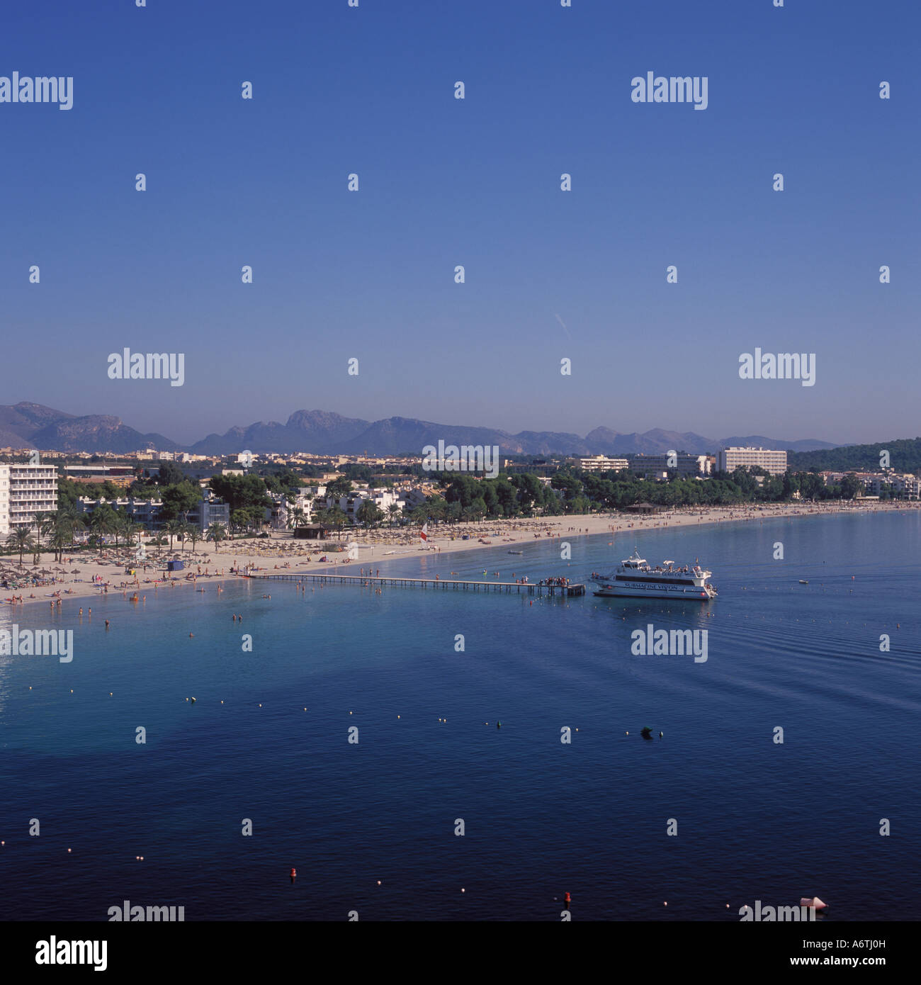 Aerial view of Puerto Alcudia beach looking towards Alcanada in the Bay ...