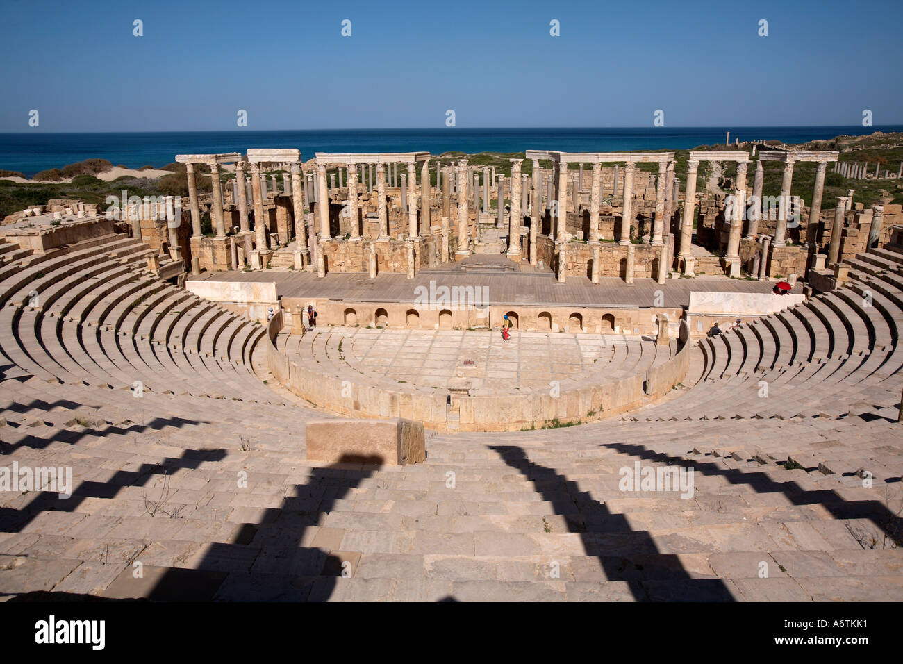 The Roman Theatre at Leptis Magna, Libya. Begun in AD1-2 it is one of ...