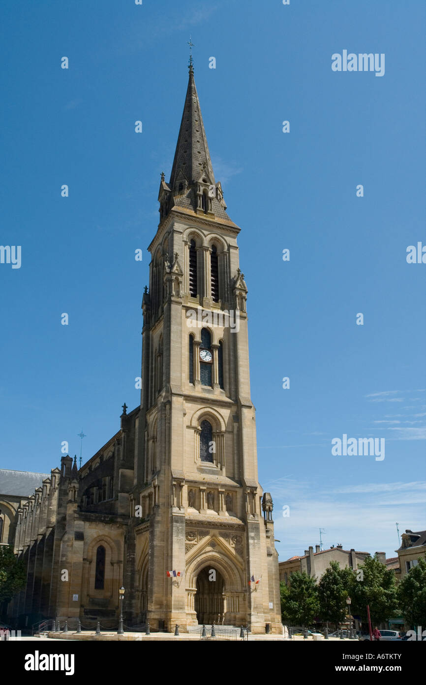 the massive neo gothic bell tower of Notre Dame church Bergerac ...