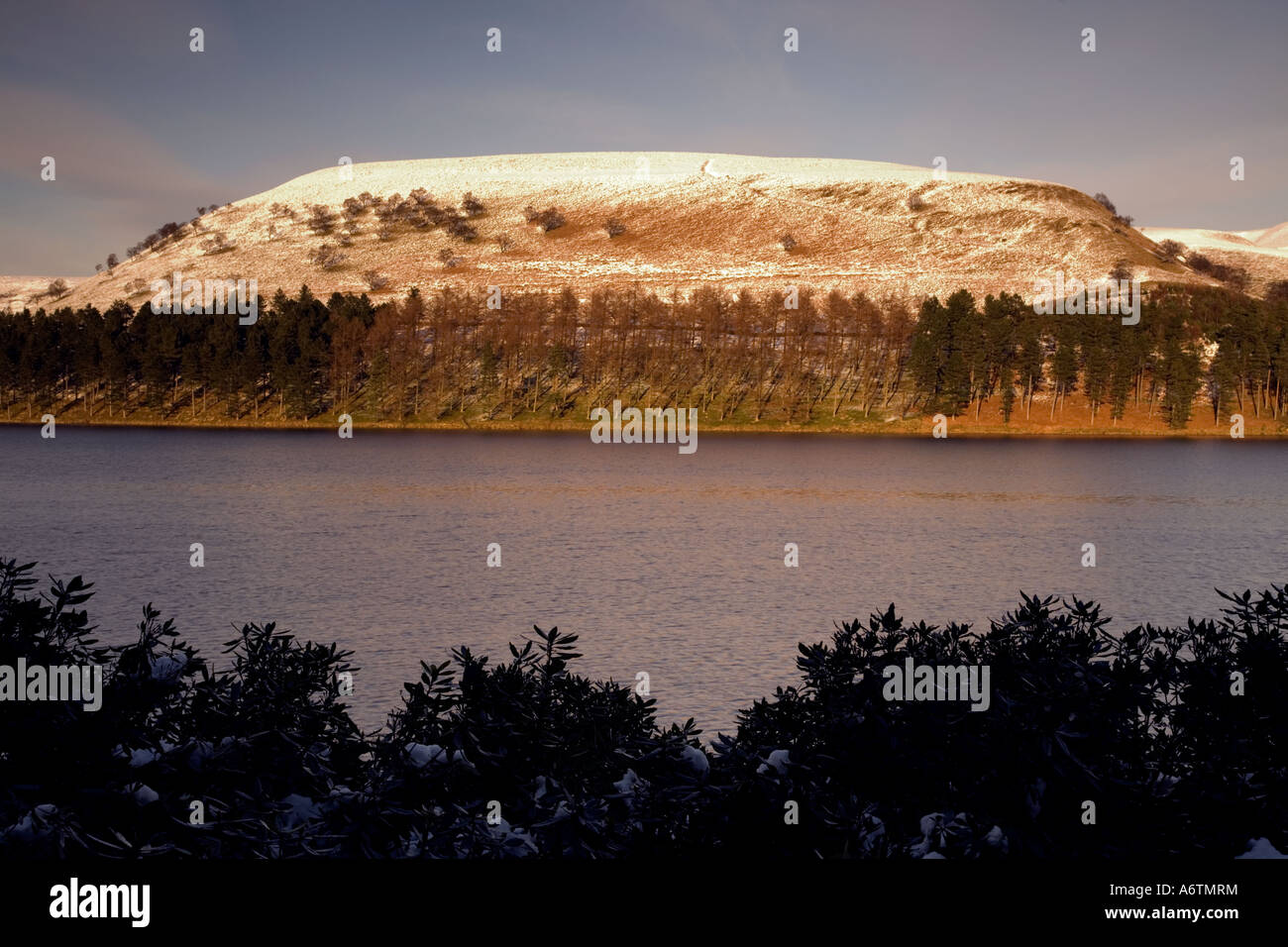 Snow covered Howden Moor viewed from across Howden reservoir in the ...