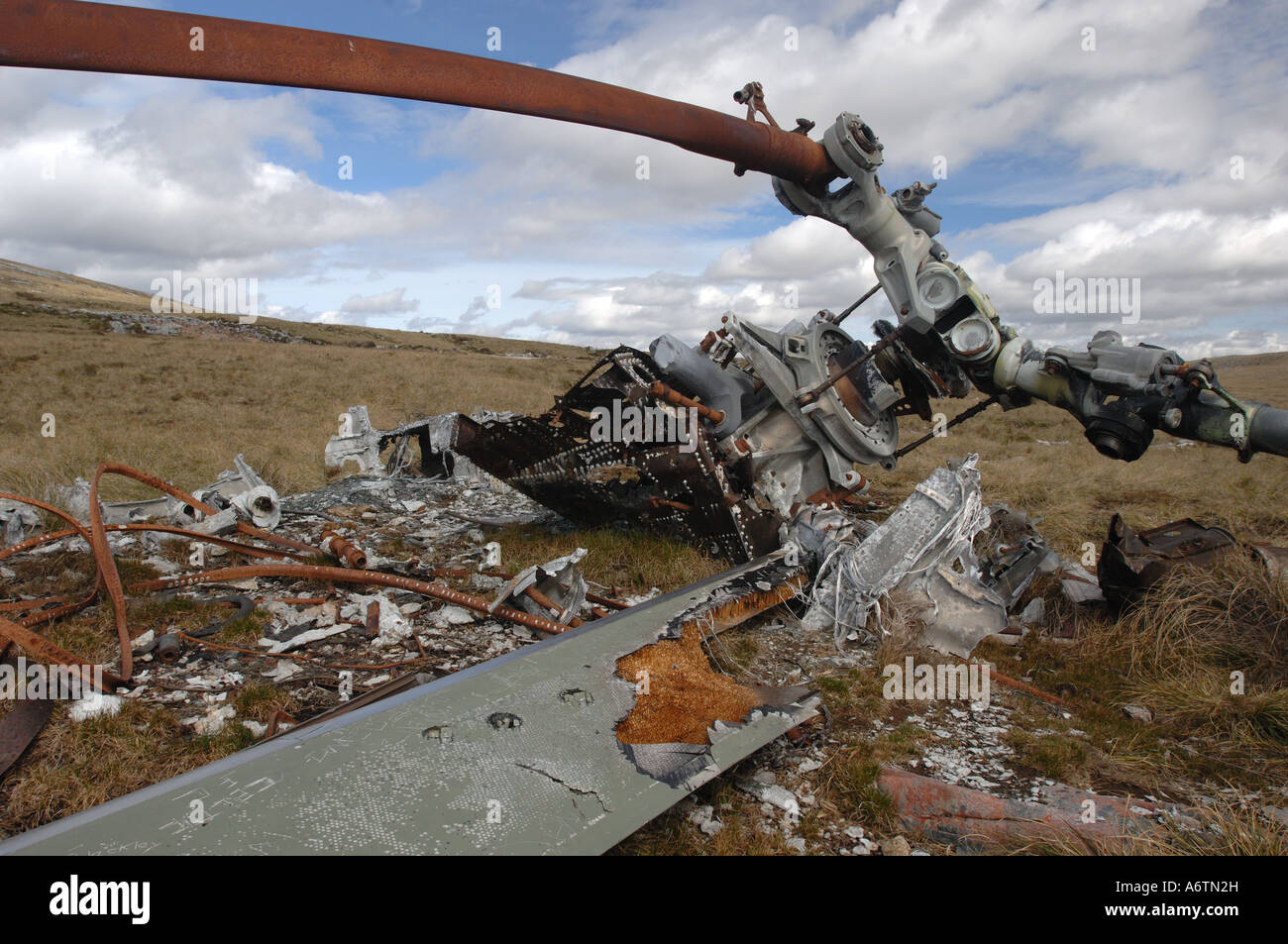 Burnt out remains of a helicopter shot during the Falklands War of 1982 ...