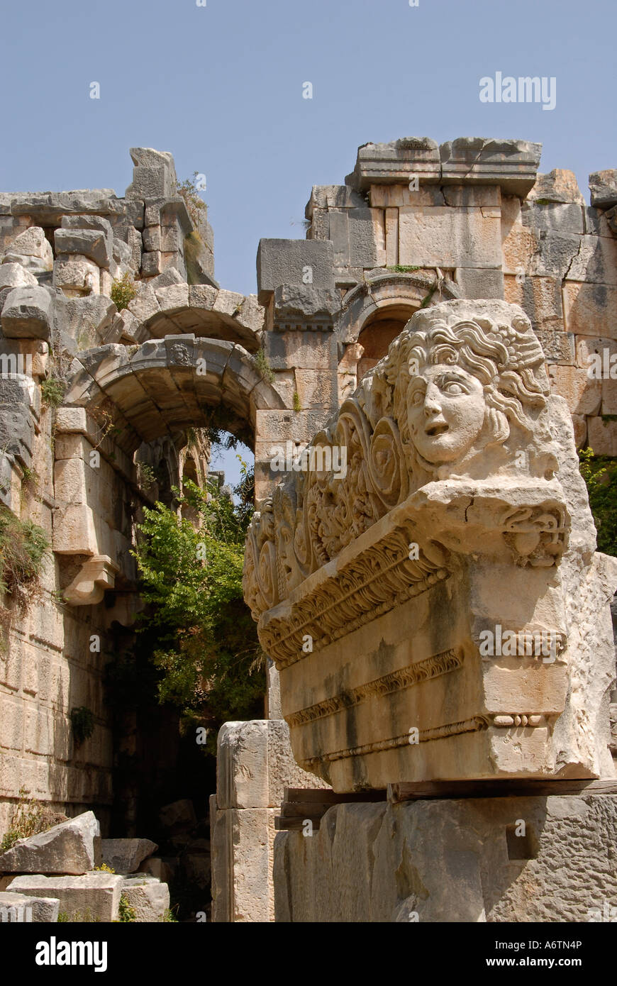 Carved relief at the ruins of Myra an ancient Greek town in Lycia where ...