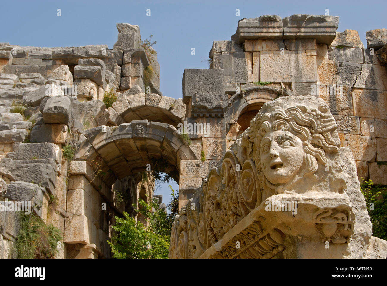 Carved relief at the ruins of Myra an ancient Greek town in Lycia where ...