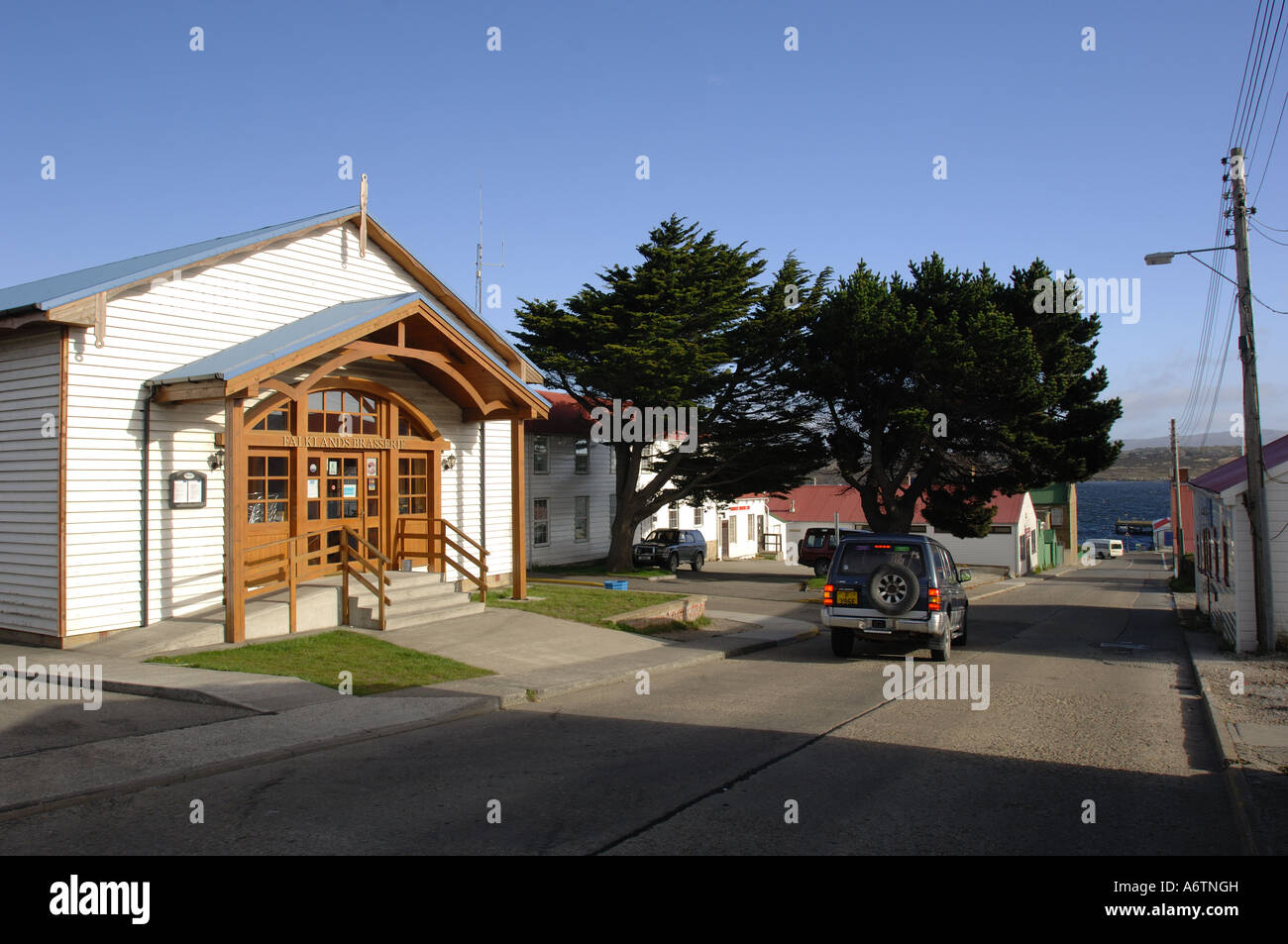 Exterior of the Falklands Brasserie Restaurant and Philomell Street ...