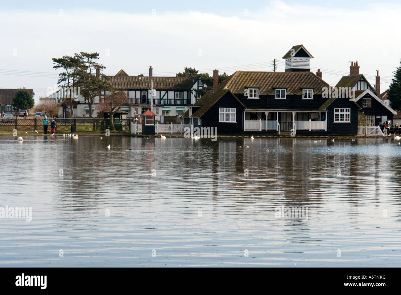 The Meare (sic) at Thorpeness with timber buildings Stock Photo - Alamy