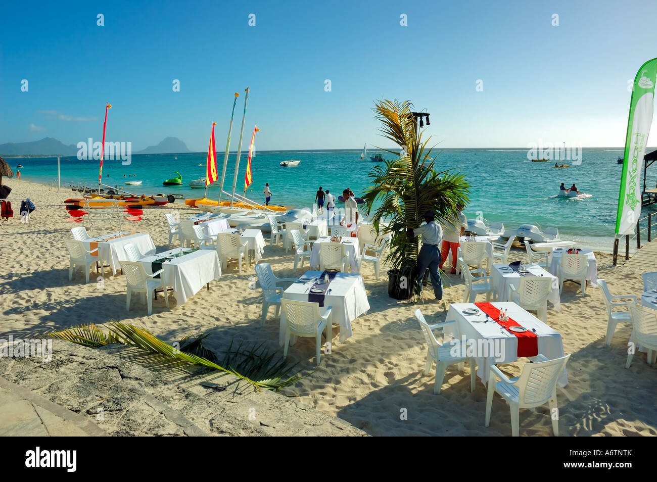 Panoramic view with beach restaurant, Mauritius island Stock Photo - Alamy
