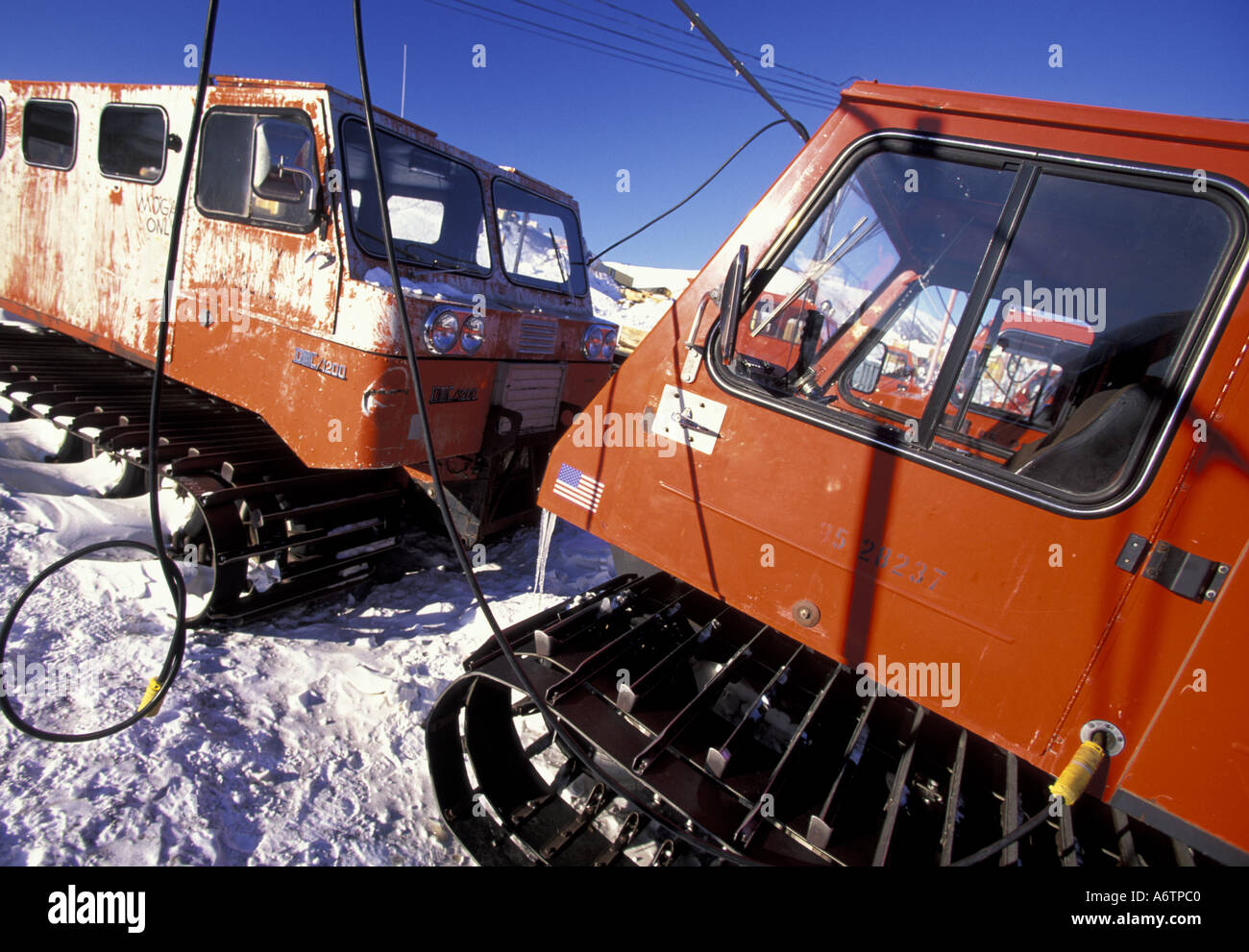 Antarctica, Ross Island, McMurdo station, spryte tracked vehicles being ...