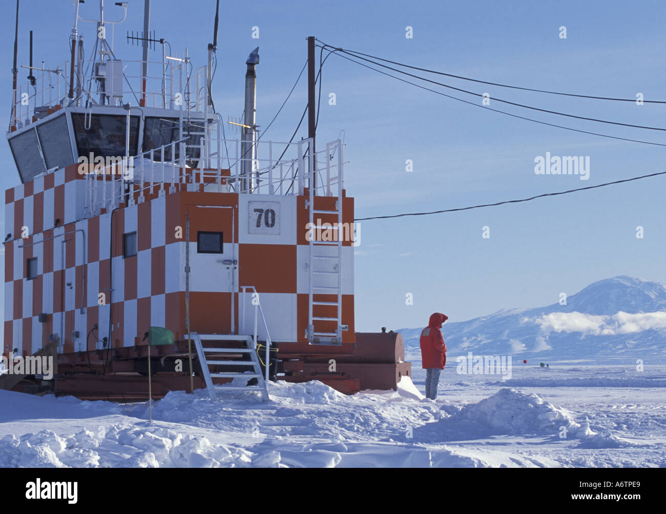 Antarctica, Ross Island, McMurdo station, control tower at ice runway ...